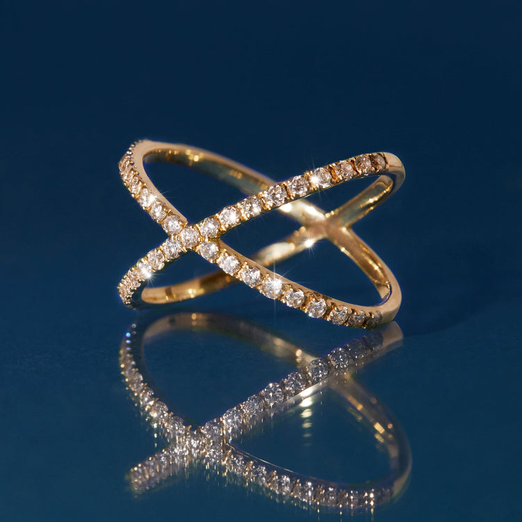 X Ring with White Diamonds in Yellow, Rose or White Gold