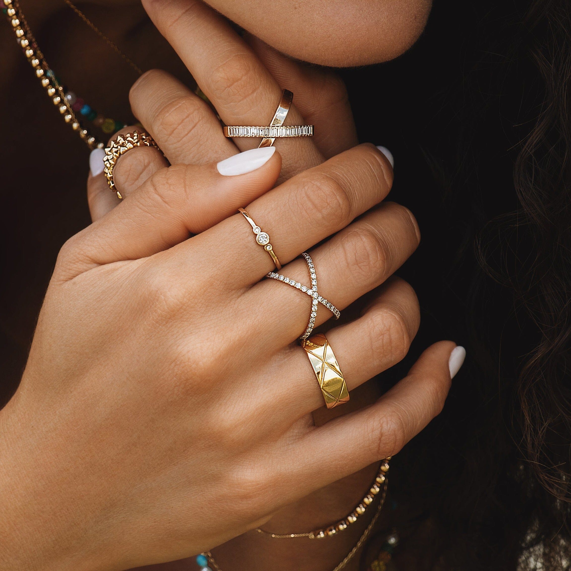 X Ring with White Diamonds in Yellow, Rose or White Gold