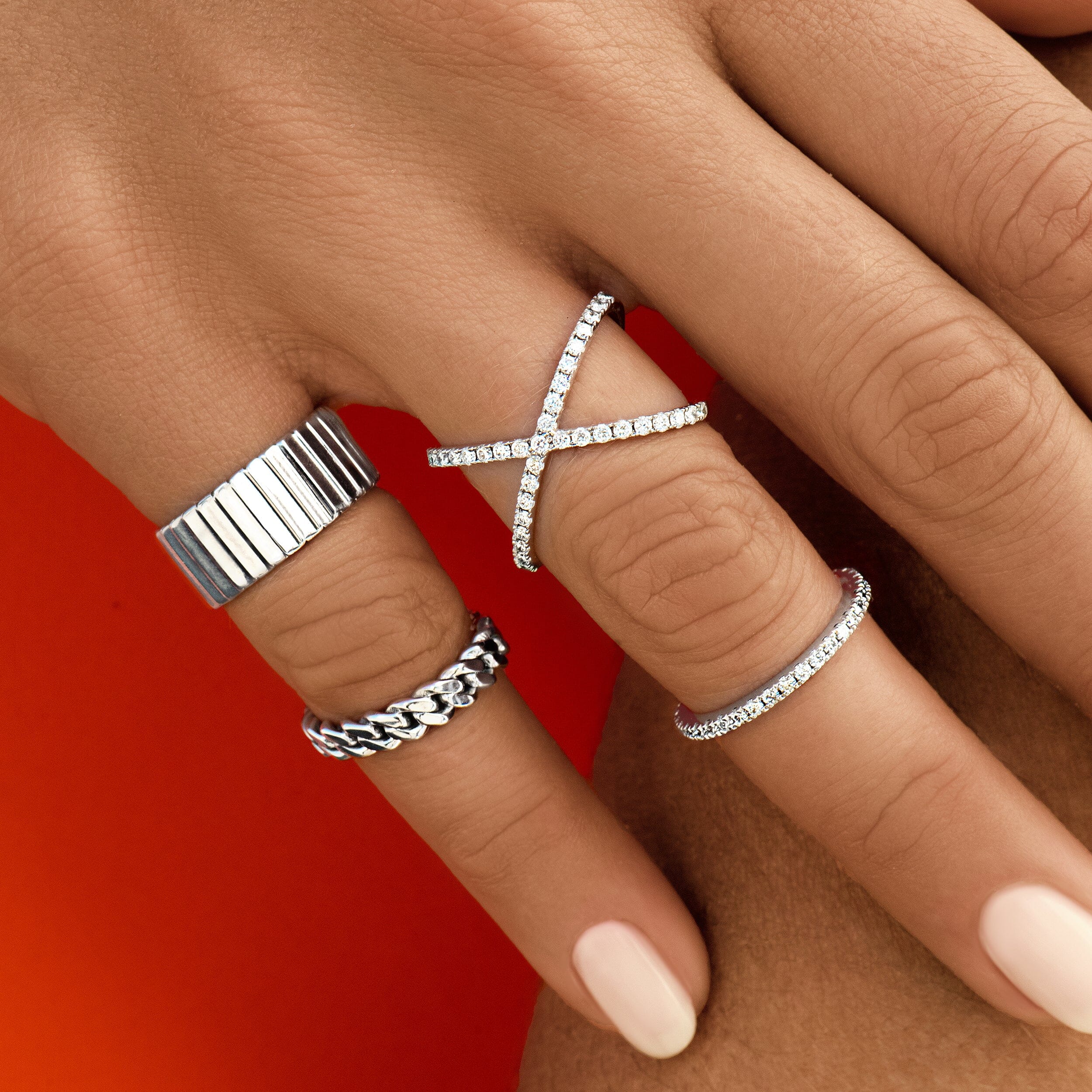 X Ring with White Diamonds in Yellow, Rose or White Gold