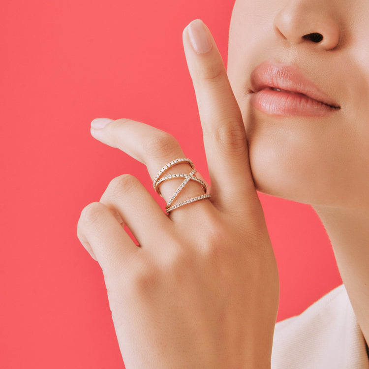 X Ring with White Diamonds in Yellow, Rose or White Gold