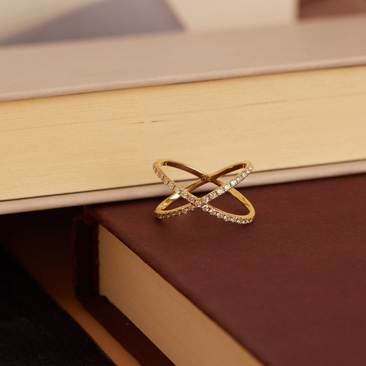 X Ring with White Diamonds in Yellow, Rose or White Gold