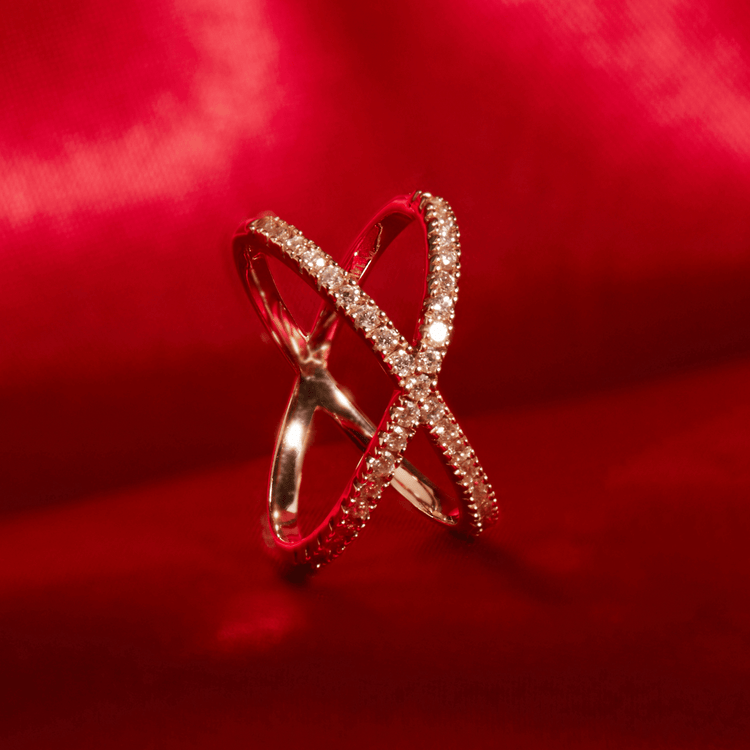 X Ring with White Diamonds in Yellow, Rose or White Gold